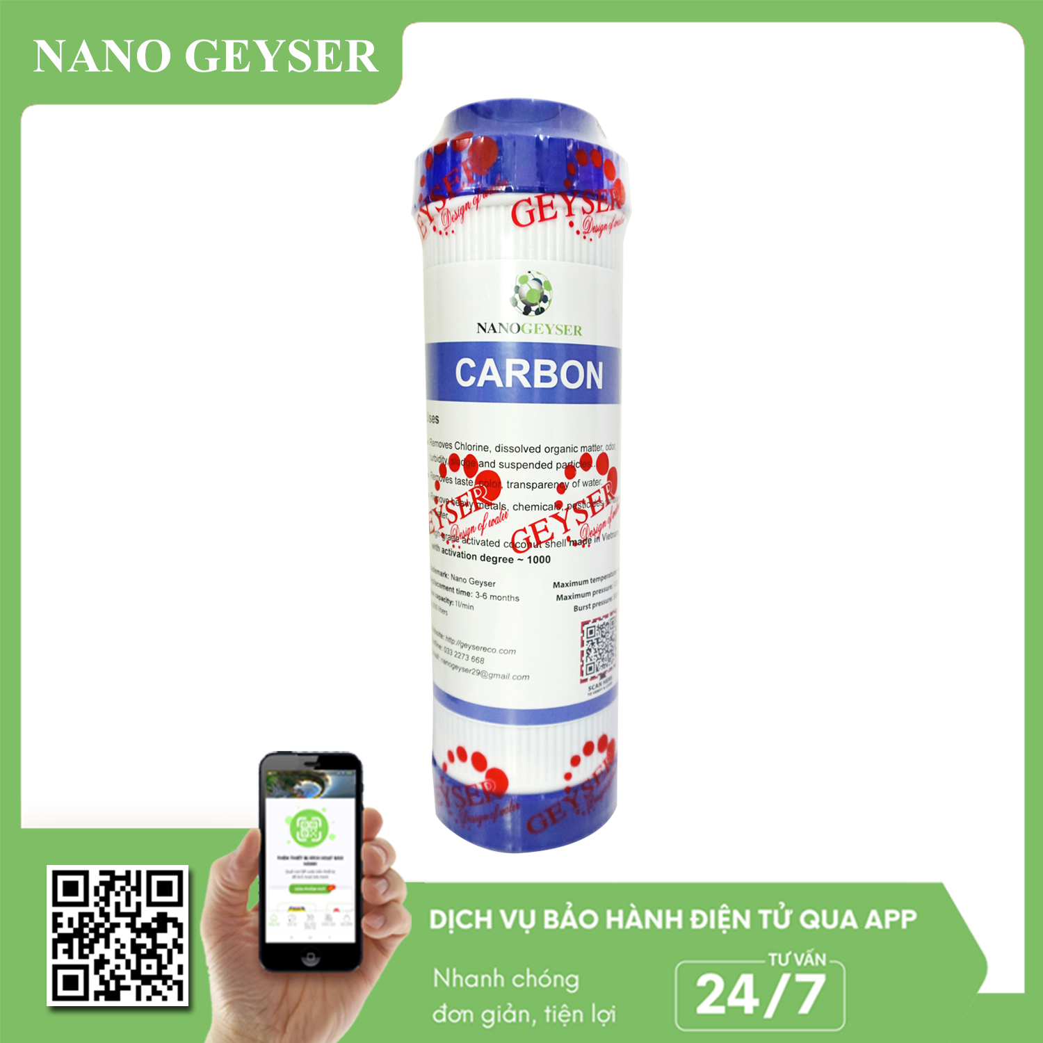 Lõi Carbon Nano Geyser Loại bỏ mùi vị, màu sắc, độ trong suốt của nước ...